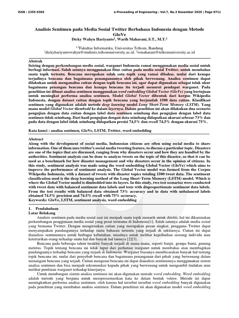 Analisis Sentimen Pada Media Sosial Twitter Berbahasa Indonesia Dengan Metode Glove | PDF