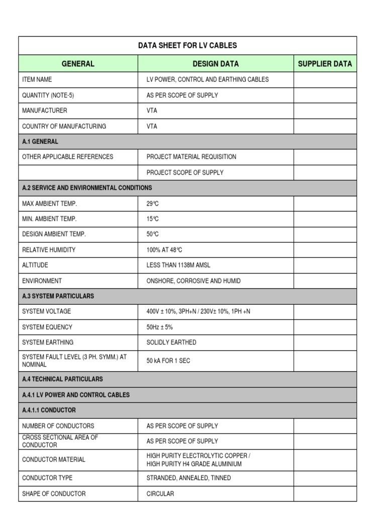 LV Power and Control Cables Data Sheet | PDF | Science & Mathematics ...