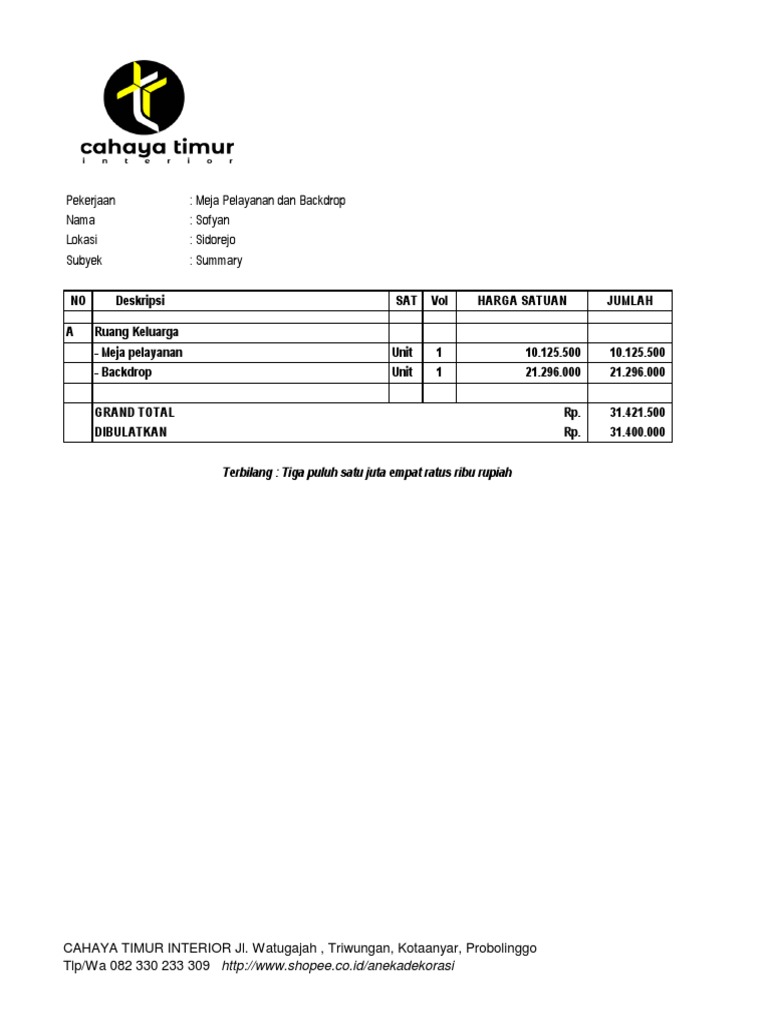 RAB Interior Kantor Cahaya Timur | PDF
