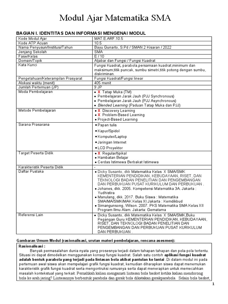Modul Ajar - Matematika SMA - Fungsi Kuadrat - Bayu | PDF