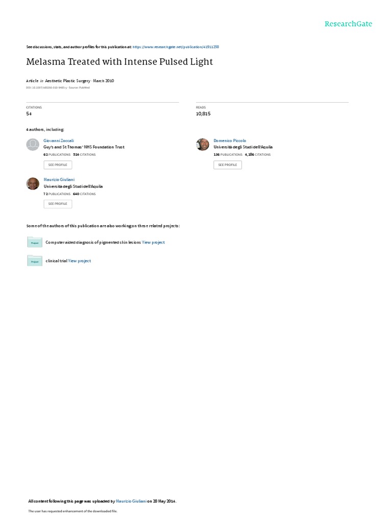 Deka Upl Melasma Ipl Zoccali Et Al 2010 | PDF | Epidermis | Sunscreen