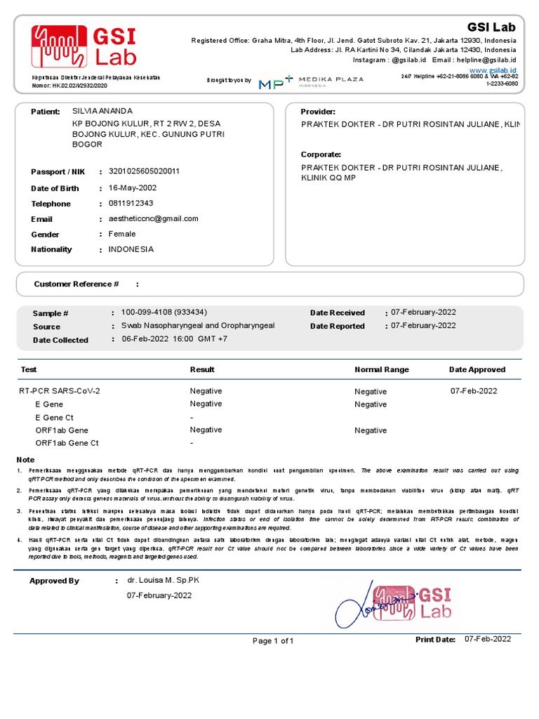 Results of COVID-19 PCR Test for Silvia Ananda Showing Negative Result ...