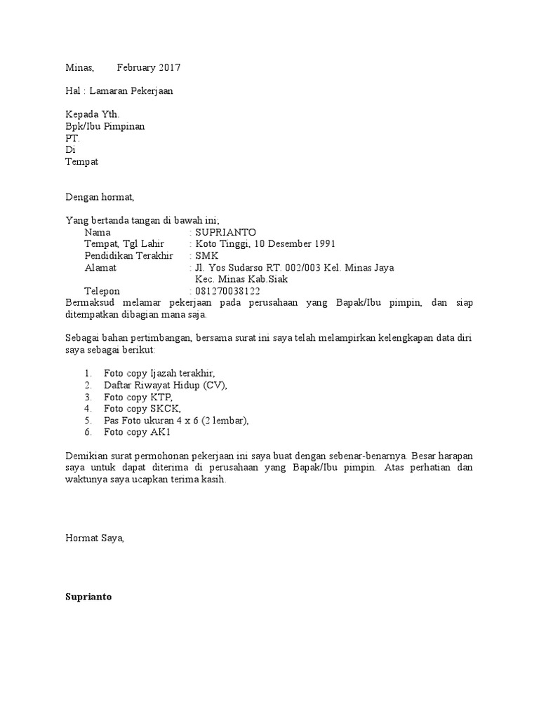 Dicky Chandra Surat Lamaran Kerja SUPRIANTO | PDF