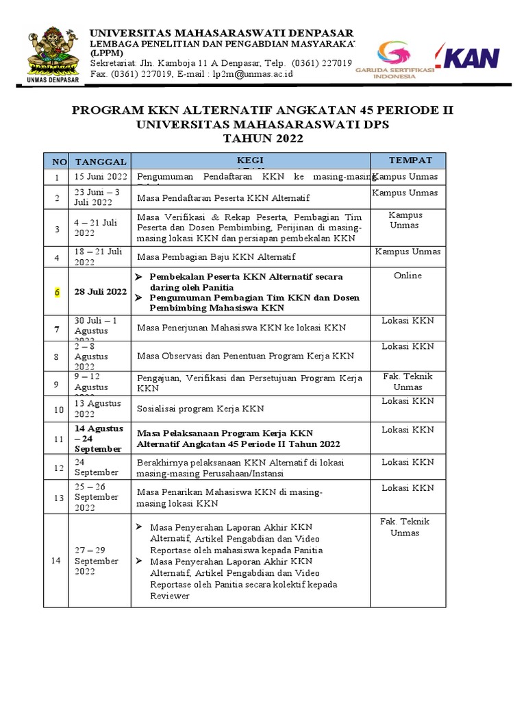 Kalender Kerja KKN 45-2 2022 | PDF