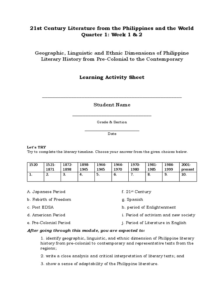 LAS #1 21st Century Literature From The Philippines and The World LAS ...