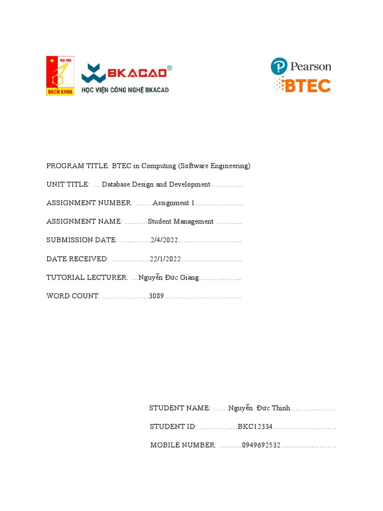 BTEC Database Design Assignment | PDF | Databases | Table (Database)