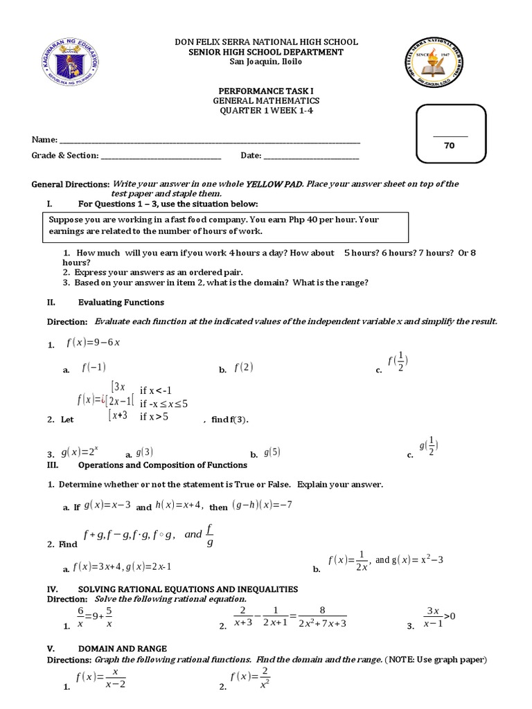 General Mathematics Performance Task - Q1 - W1-W4 | PDF | Function ...