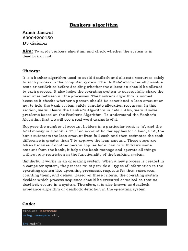 Bankers Algorithm 60004200150 Pdf Algorithms Computer Engineering 