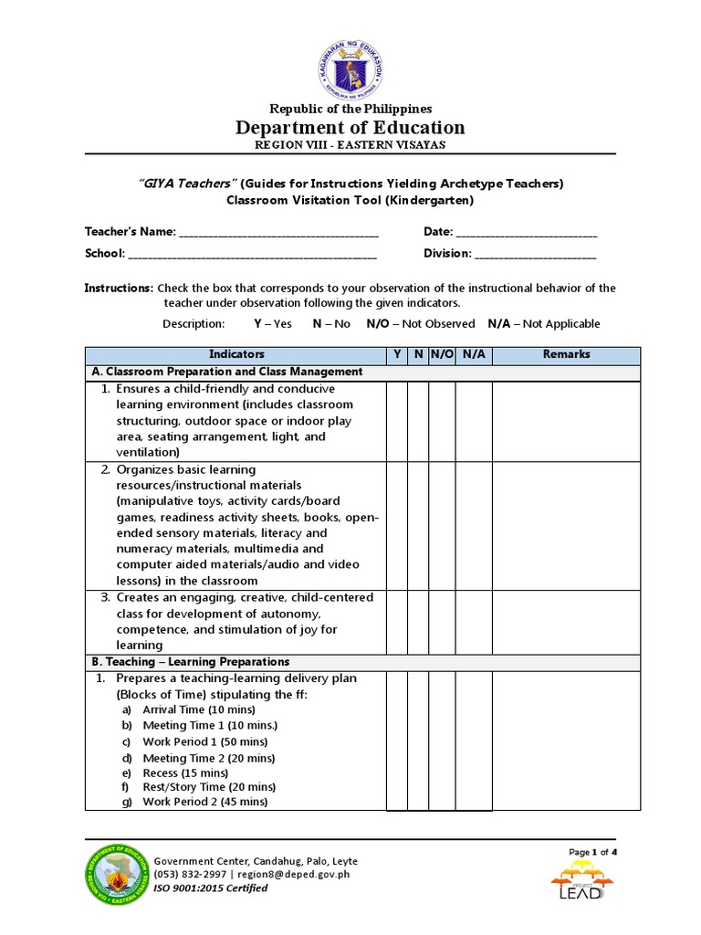 Assessing Kindergarten Instruction Through Classroom Visitation: A ...