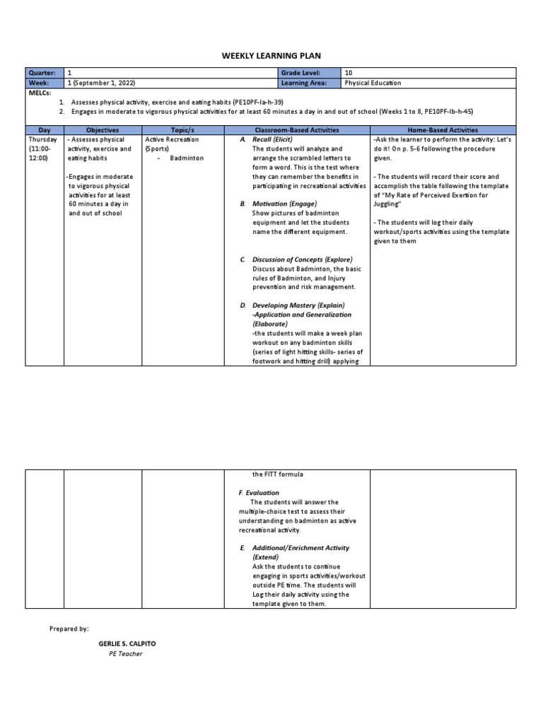 Grade 10 PE Weekly Learning Plan | PDF | Learning | Physical Education