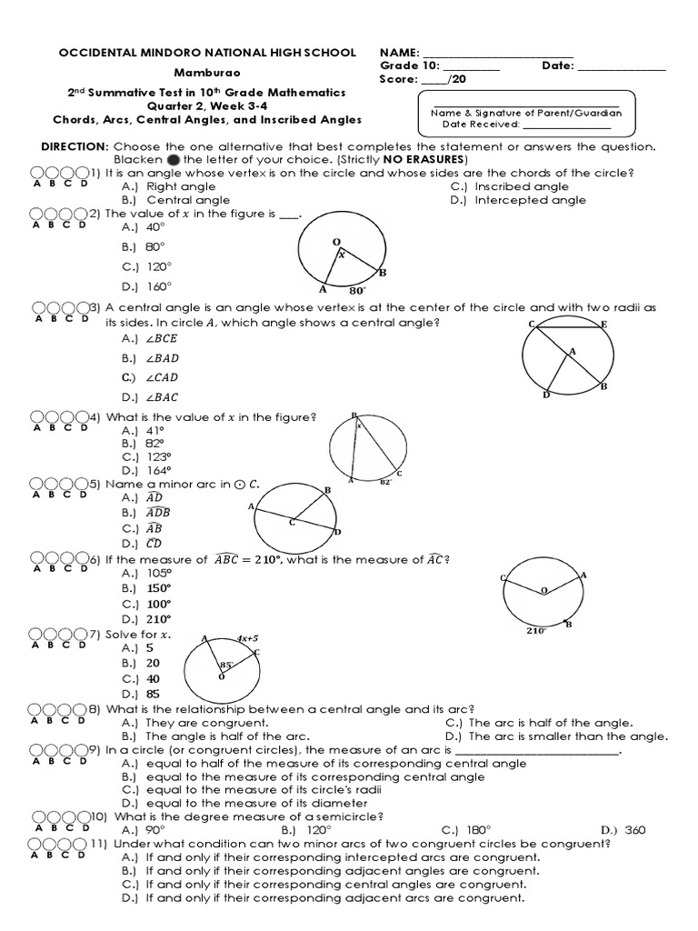 5 Summative Test Grade 10 Mathematics Chords Arcs Central Angles and ...