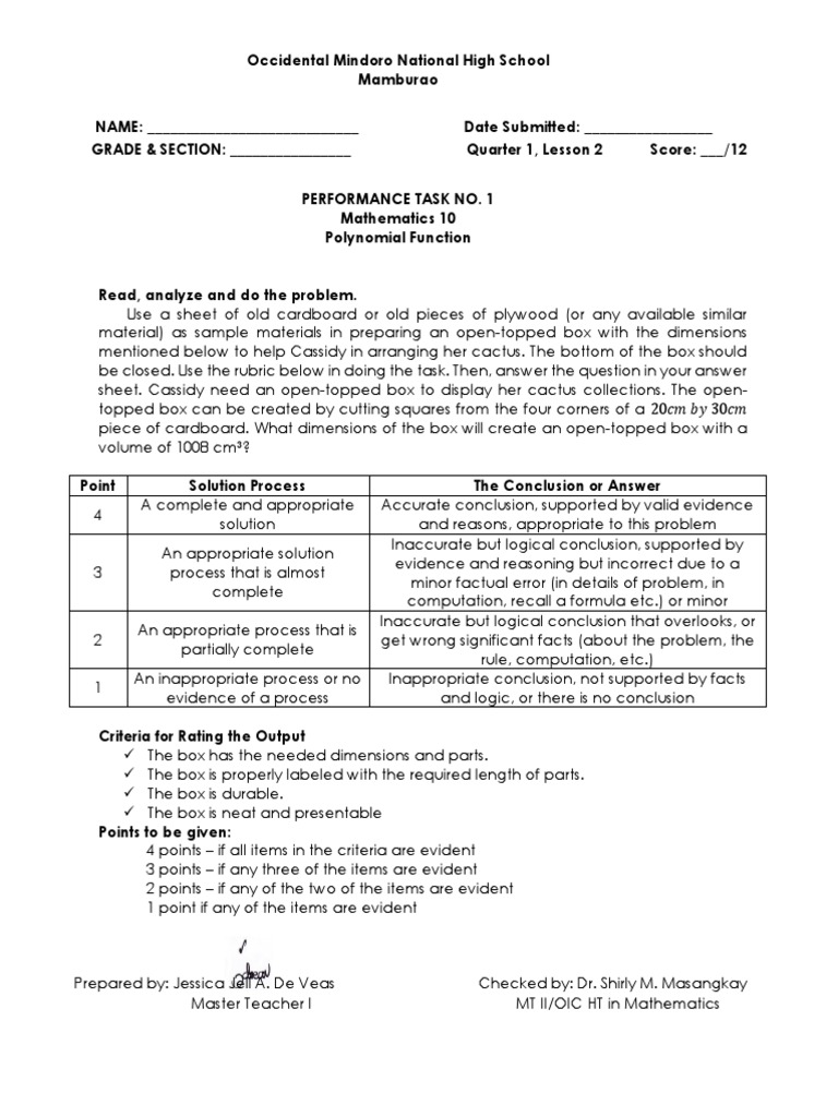 Performance Task No. 1 Polynomial Functions | PDF | Mathematics