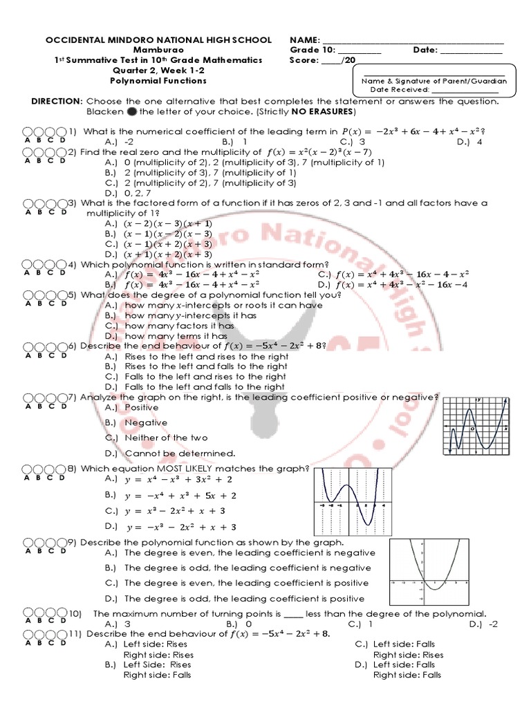 Grade 10 Polynomial Functions Test | PDF | Polynomial | Zero Of A Function