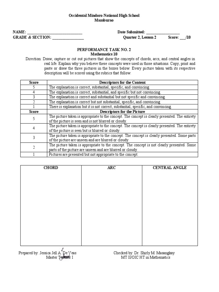 Performance Task No. 4 Arc Chord and Central Angles | PDF | Cognition