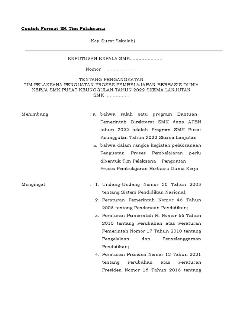 Contoh Format SK Tim Pelaksana | PDF