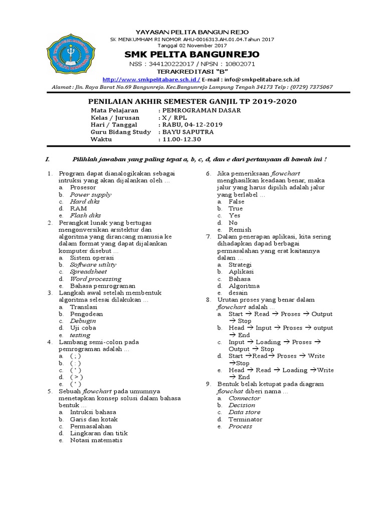 Soal Uas Kelas X Pemrograman Dasar | PDF