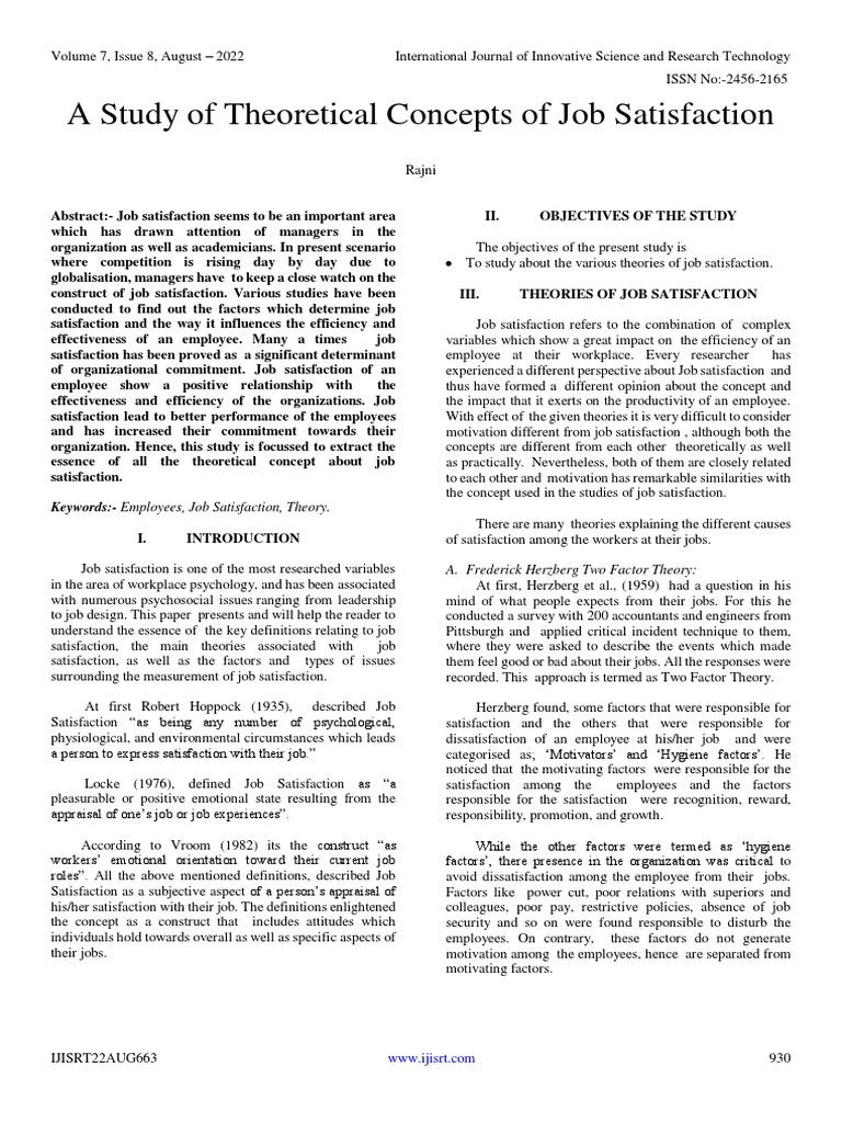 A Study of Theoretical Concepts of Job Satisfaction | PDF | Job ...