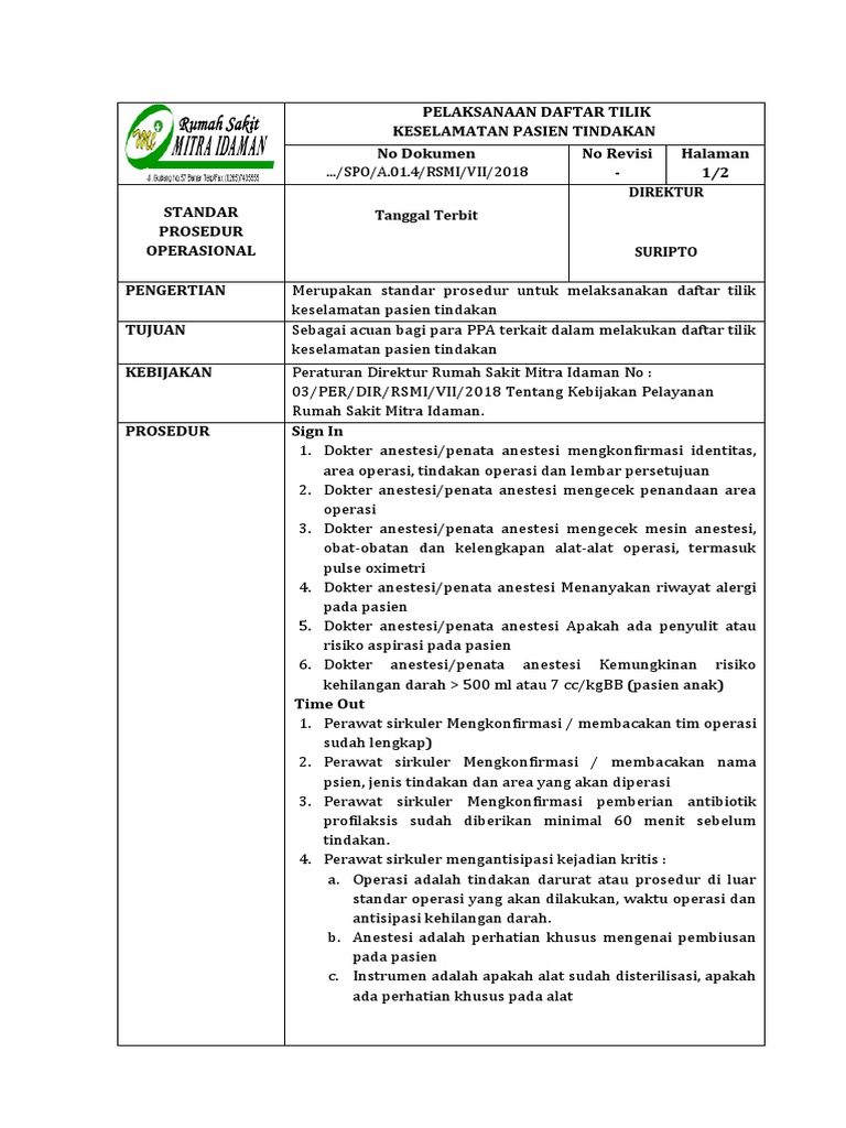 Spo Pelaksanaan Surgical Safety Checklist | PDF