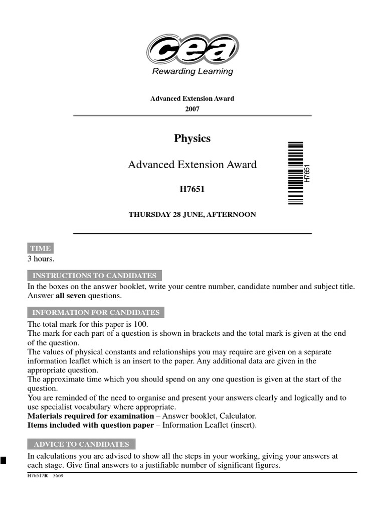 AEA PHYS PP MayJune 2007 AEA Paper 2596 | PDF | Electron | Plasma (Physics)