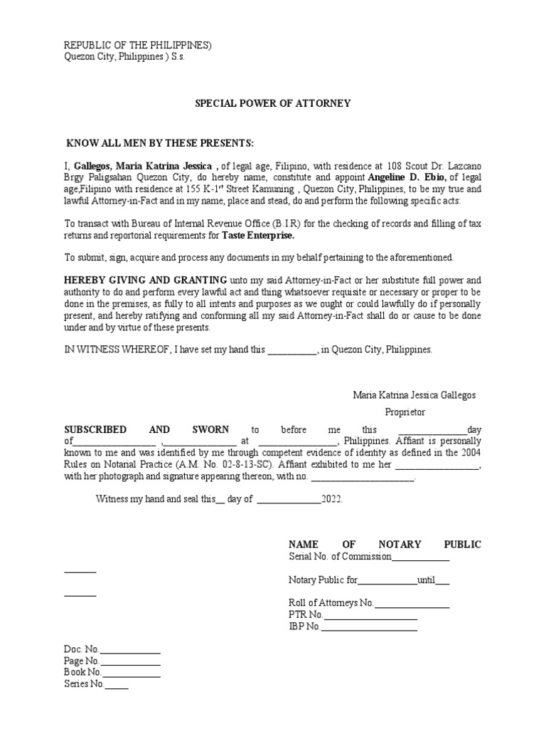 Special Power of Attorney - Taste | PDF | Power Of Attorney | Notary Public