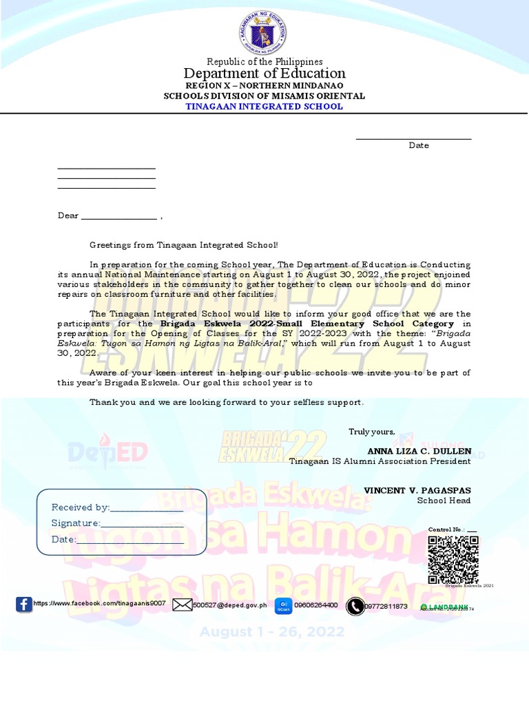 Brigada Eskwela 2022 invitation from Tinagaan Integrated School | PDF