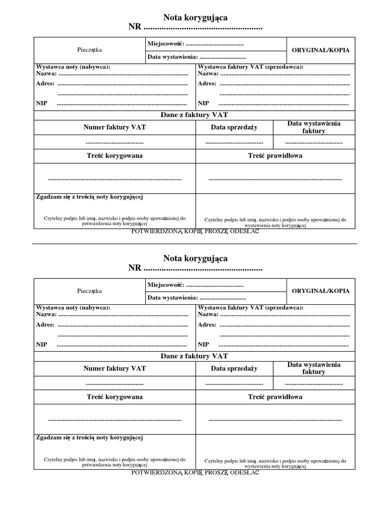 Nota Korygująca Wzór | PDF