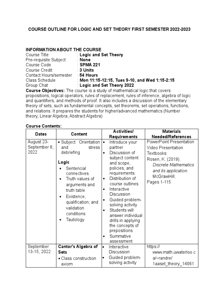 COURSE-OUTLINE-Logic and Set Theory 1 | PDF | Set (Mathematics) | Logic