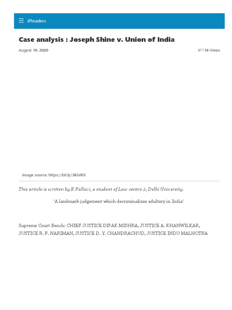 Blog Ipleaders in Case Analysis Joseph Shine V Union India - Amp 1 | PDF | Adultery | Applied Ethics
