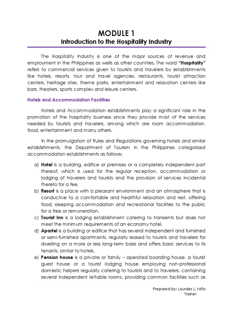 Module 1 - Introduction To The Hospitality Industry | PDF | Hotel | Tourism