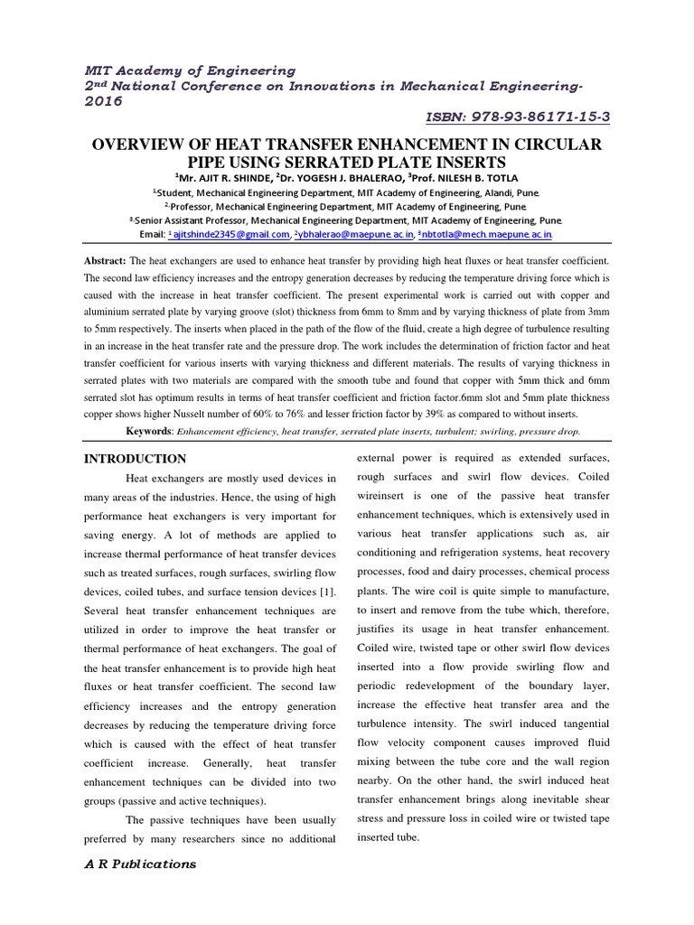 Overview of Heat Transfer Enhancement in Circular Pipe Using Serrated ...