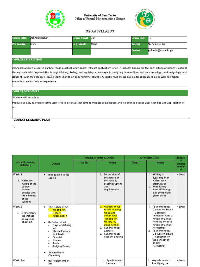 Syllabus for Art Appreciation With Student Workload Column_2022 | PDF ...