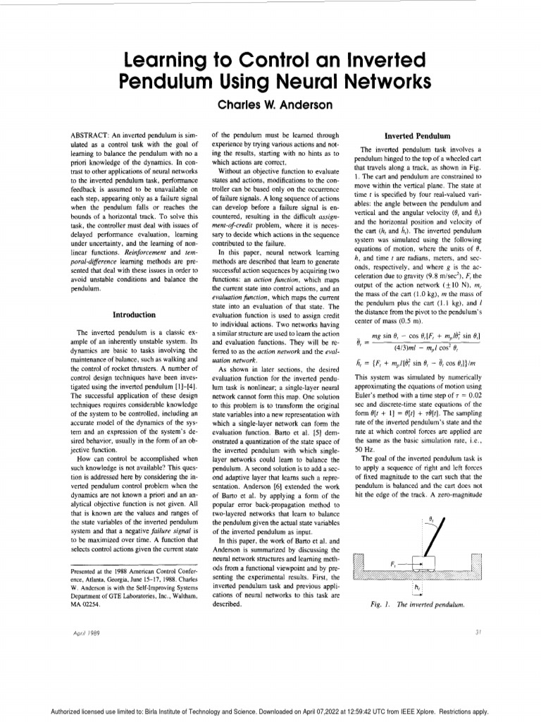 Learning To Control An Inverted Pendulum Using Neural Networks | PDF | Artificial Neural Network ...