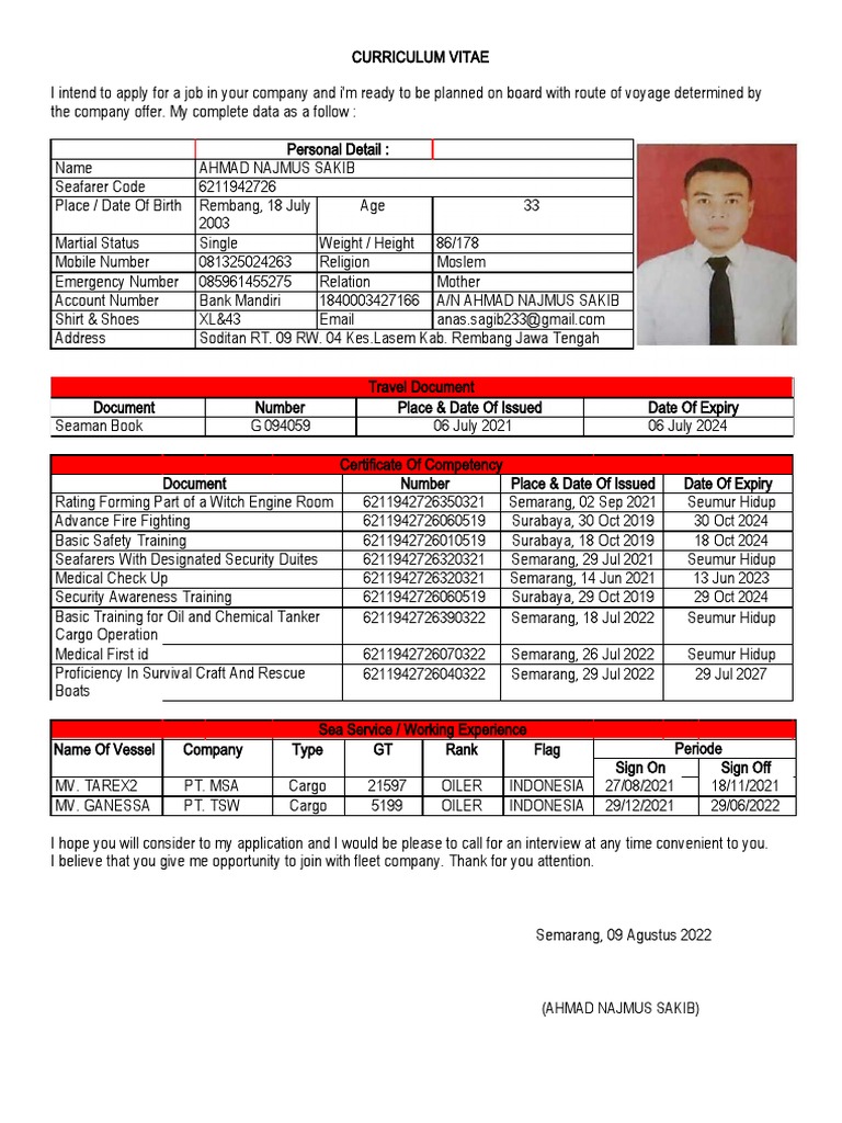 A Seafarer's Curriculum Vitae and Job Application for the Position of ...