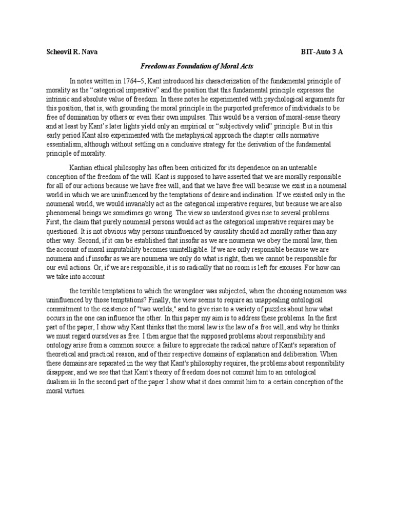 Freedom As Foundation of Moral Acts | PDF | Noumenon | Immanuel Kant