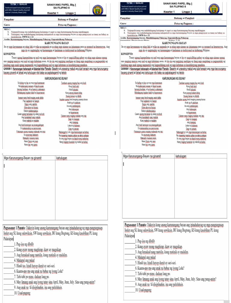 Home Learning Activity Week 1 Karunungang Bayan | PDF
