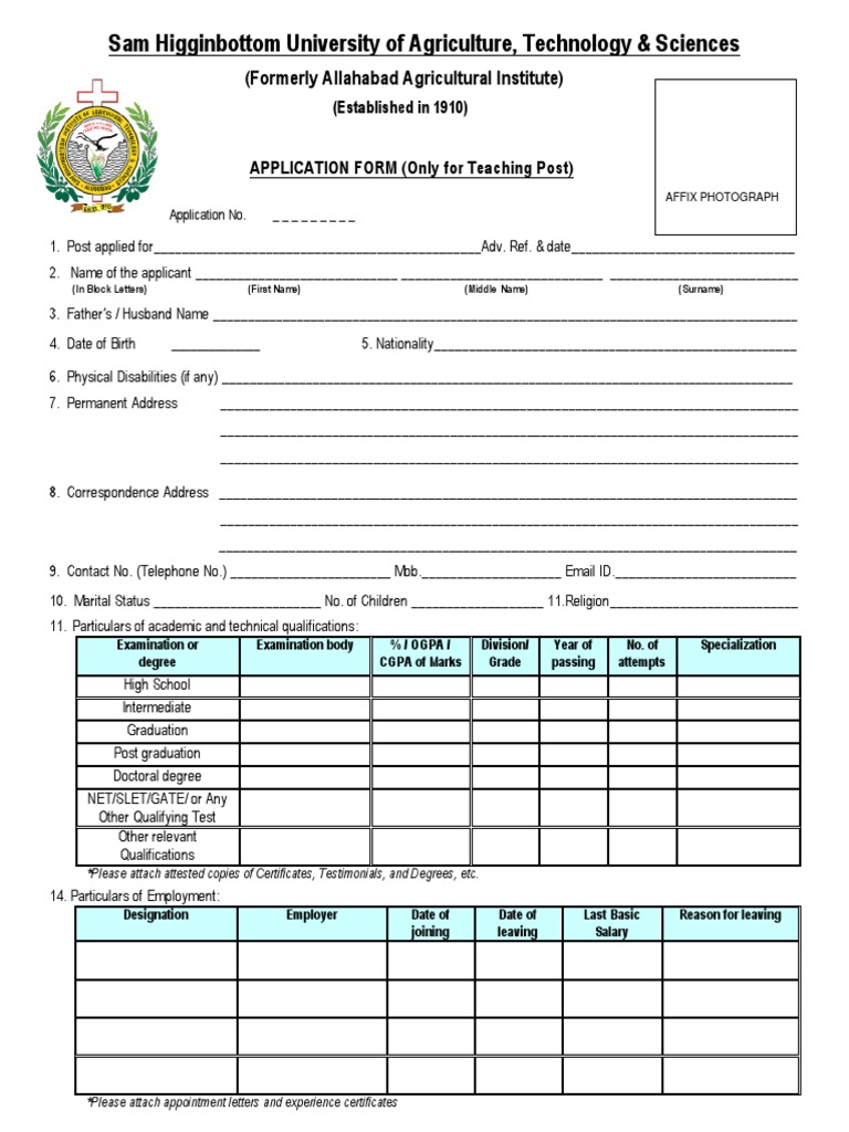 Teaching Post Form | PDF | Academic Degree | Doctor Of Philosophy