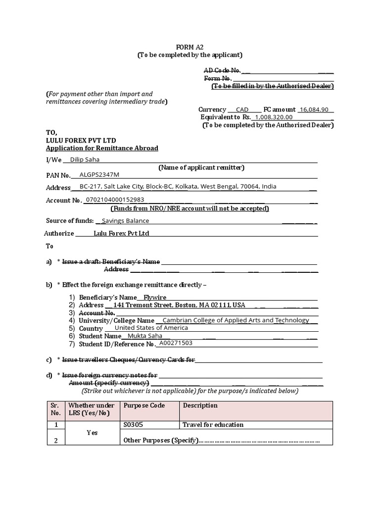 Remittances Covering Intermediary Trade) : TO, Lulu Forex PVT LTD ...