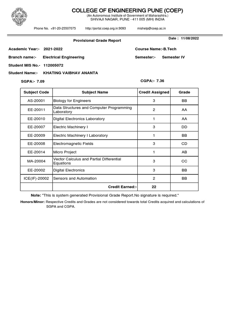 Analysis of a Provisional Grade Report for a Fourth Semester B.Tech Student in Electrical ...