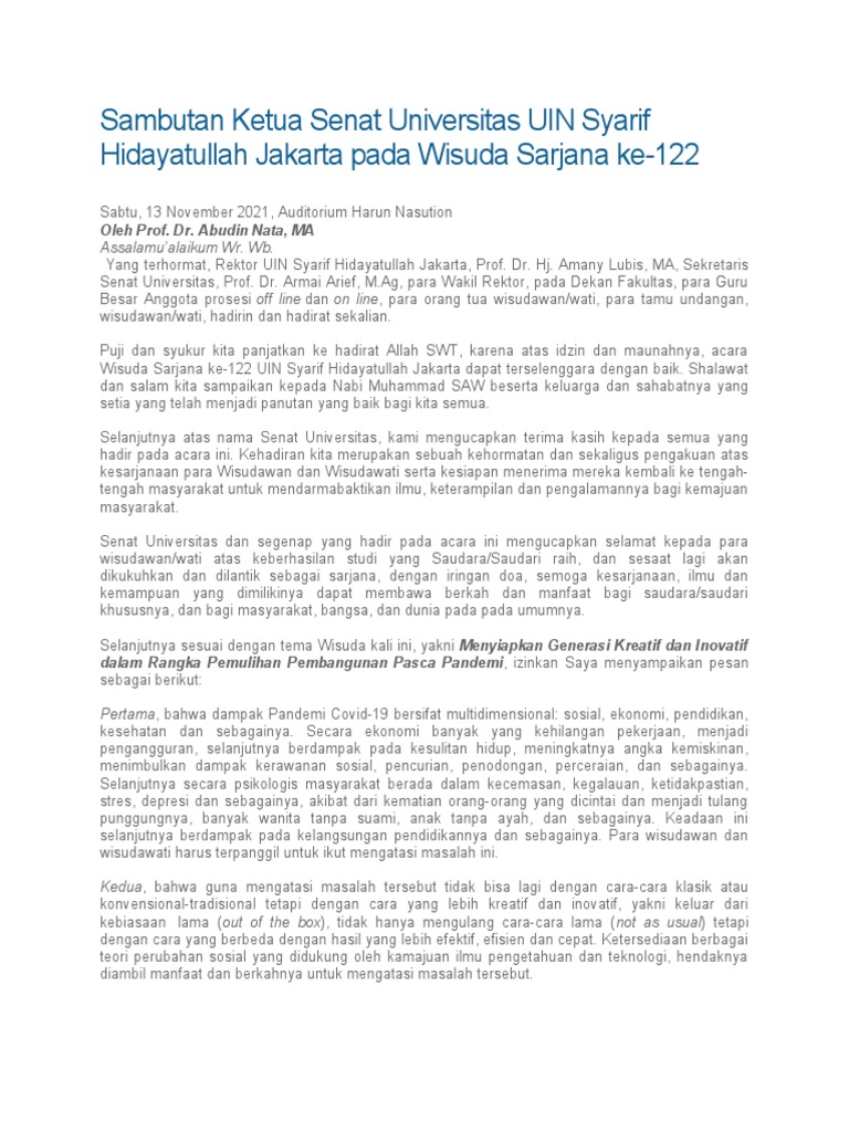 Sambutan Ketua Senat Universitas UIN Syarif Hidayatullah Jakarta Pada Wisuda Sarjana Ke | PDF
