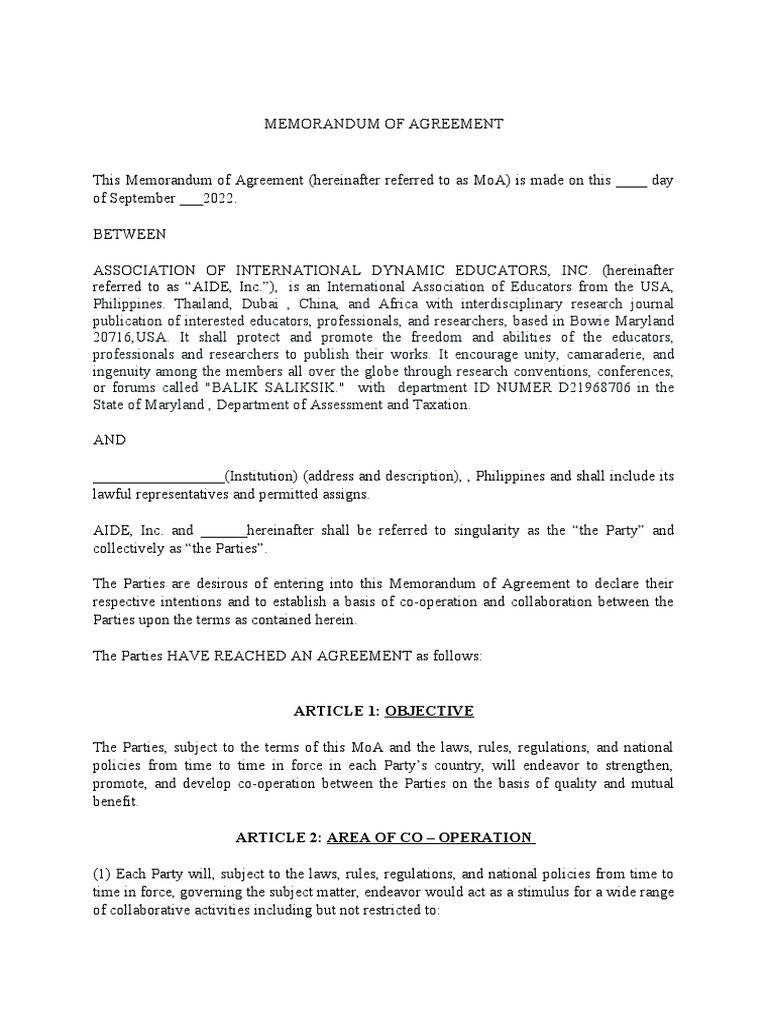 Memorandum of Agreement Aide Format | PDF | Mail | Memorandum Of ...