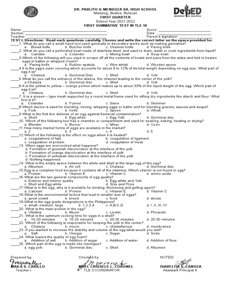 TLE 10 First Quarter Exam 2021-2022 | PDF | Egg As Food | Egg White