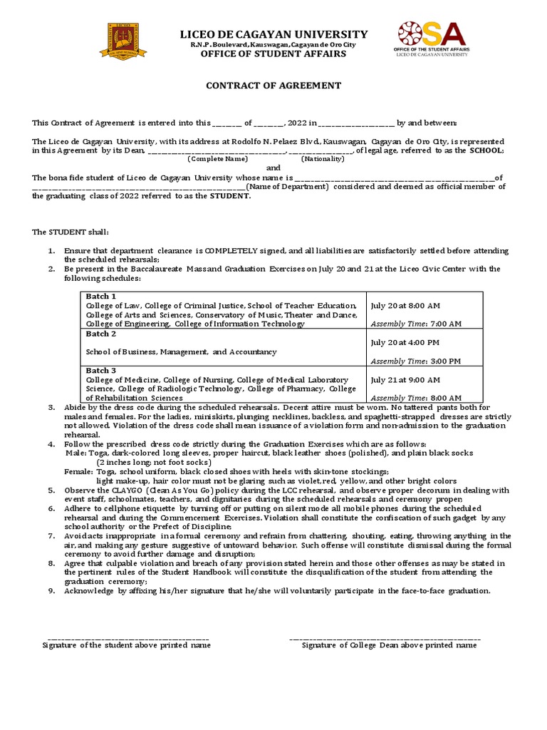 College Graduation Contract of Agreement | PDF | Clothing