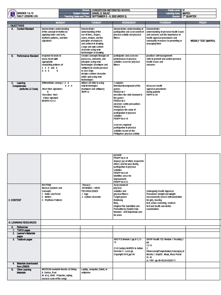 DLL - Mapeh 6 - Q1 - W3 | PDF | Learning | Teachers