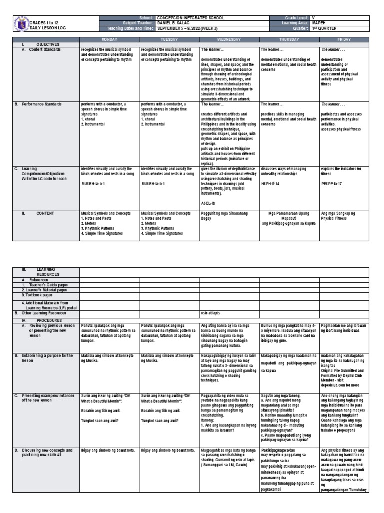 DLL - Mapeh 5 - Q1 - W3 | PDF | Learning | Cognitive Science