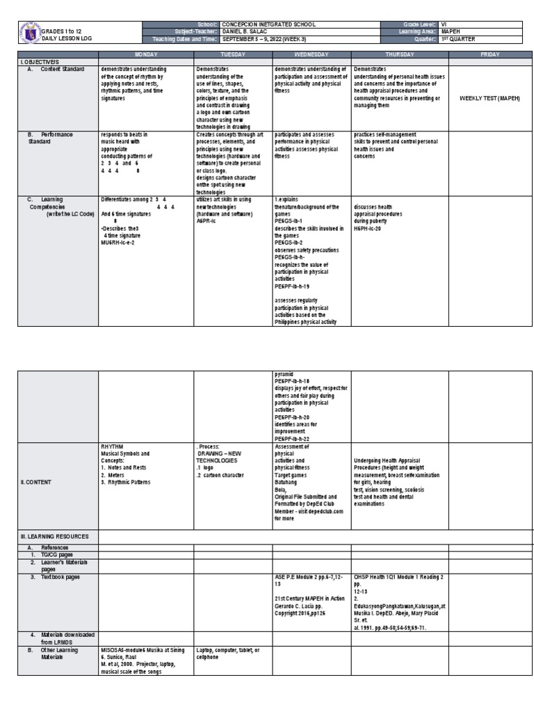 DLL - Mapeh 6 - Q1 - W3 | PDF | Learning | Teachers
