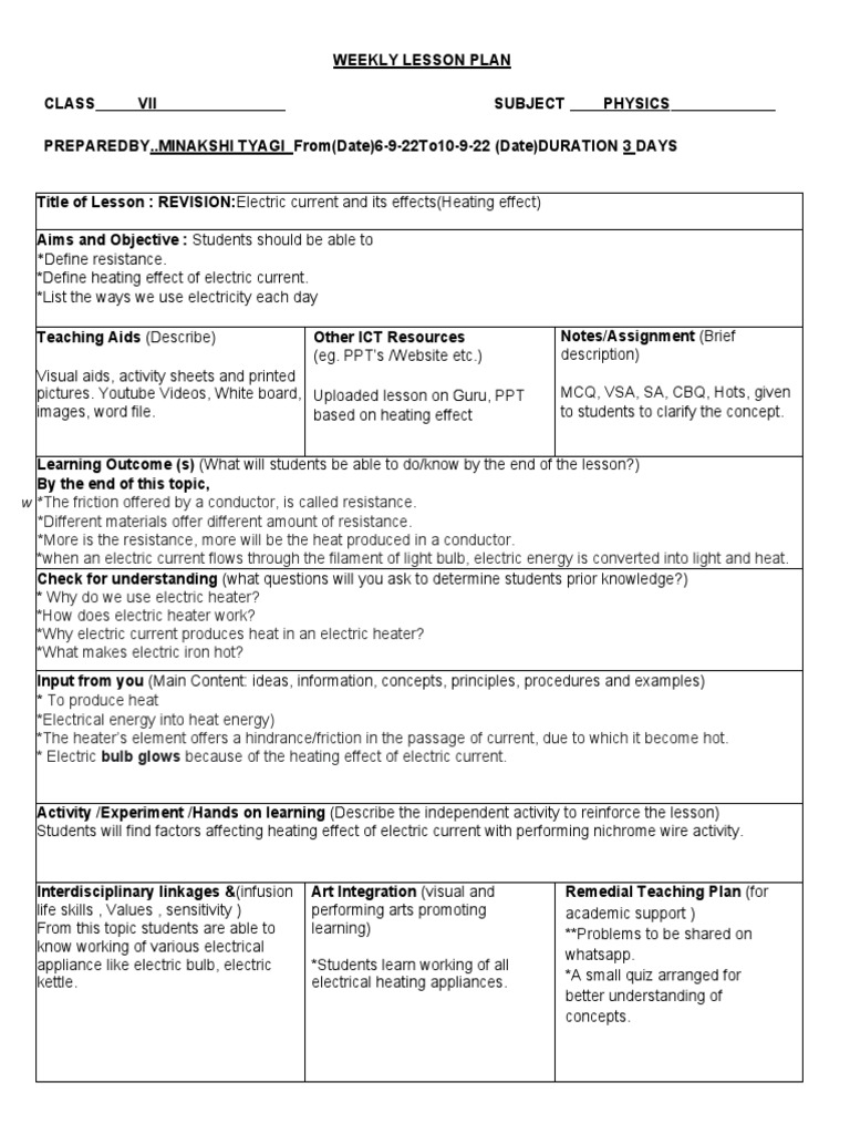 Mi - 7 - Phy Lesson Plan 14.5 - Electric Current-Rev | Download Free ...
