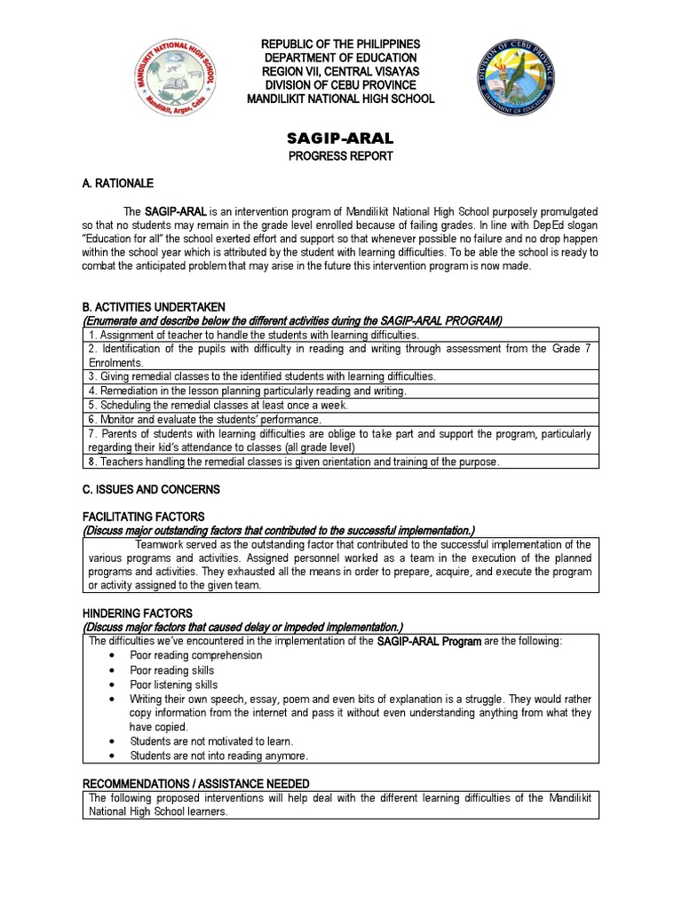 SAGIP-ARAL Progress Report | PDF | Learning Disability | Learning