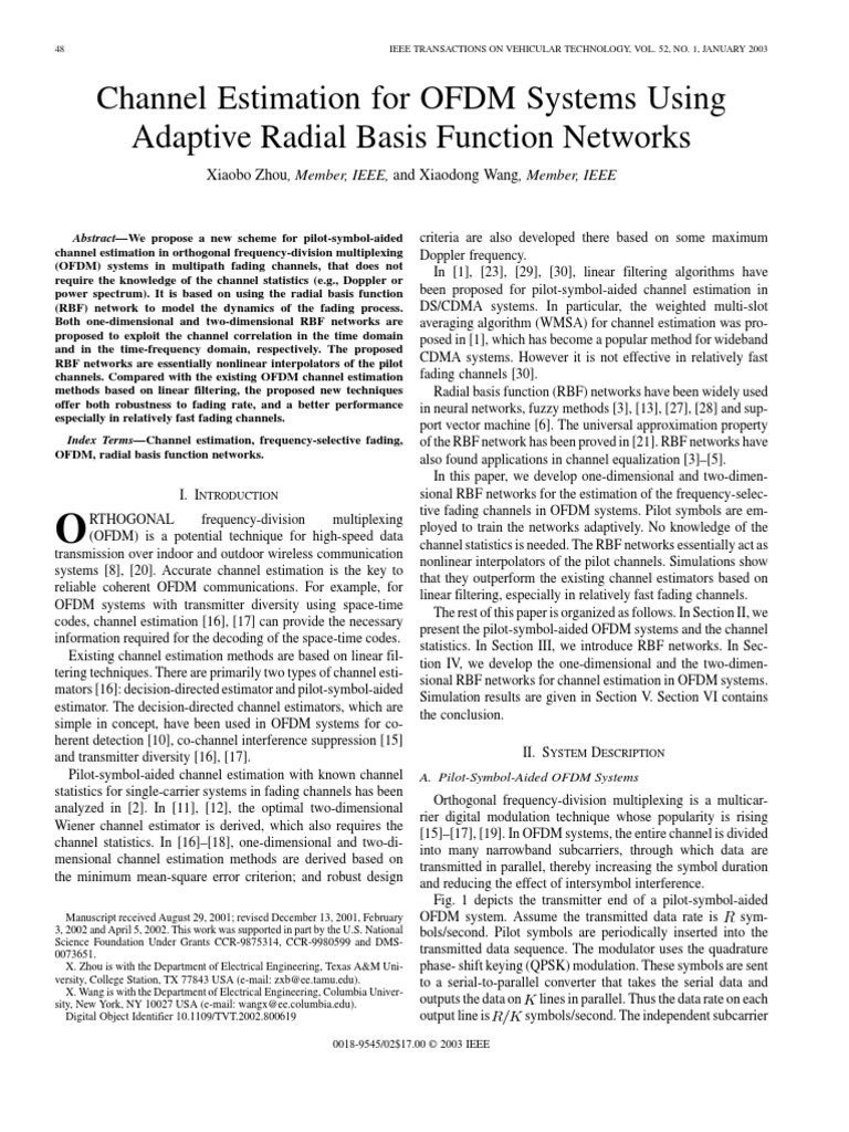 Channel Estimation For OFDM Systems Using Adaptive Radial Basis Function Networks | PDF ...