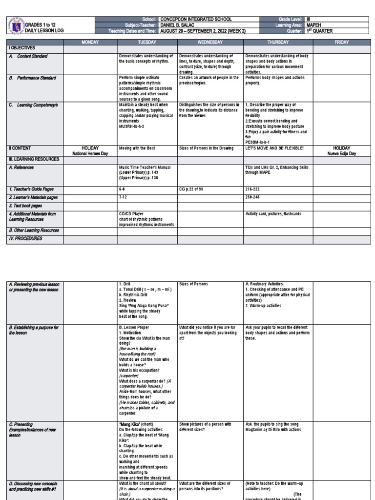 DLL - Mapeh 3 - Q1 - W2 | PDF | Learning | Teachers