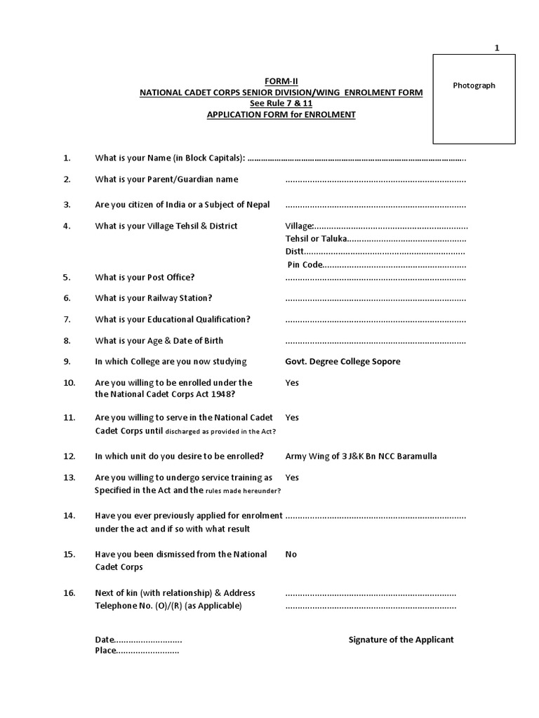 NCC Enrolment Form | PDF | Cadet | Government